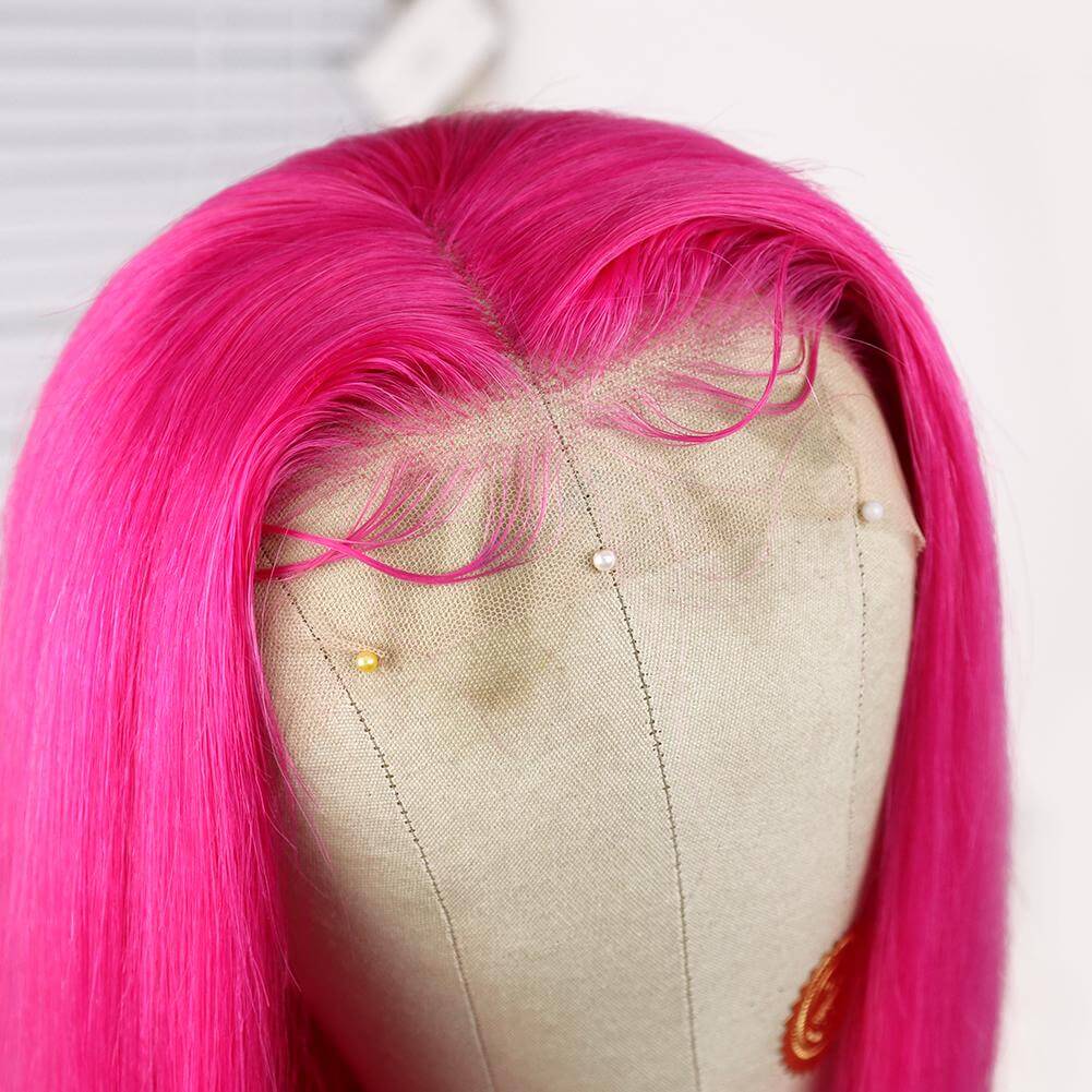 Rose Pink Straight Lace Front Wigs 12A Virgin Human Hair Dark Pink Wig ...